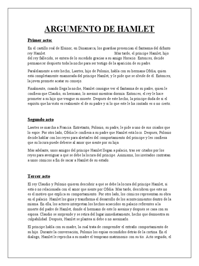 Argumento de Hamlet | PDF | Aldea | Obras basadas en mitos y leyendas europeas