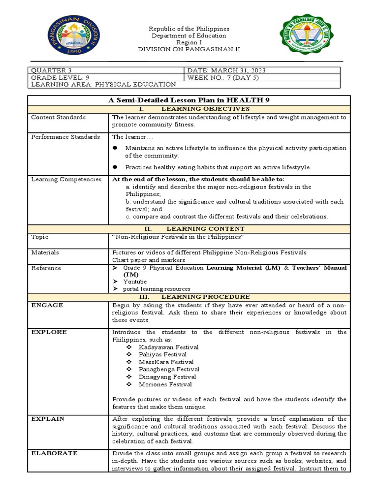 Non-Religious Festivals Lesson Plan | PDF | Learning | Physical Education