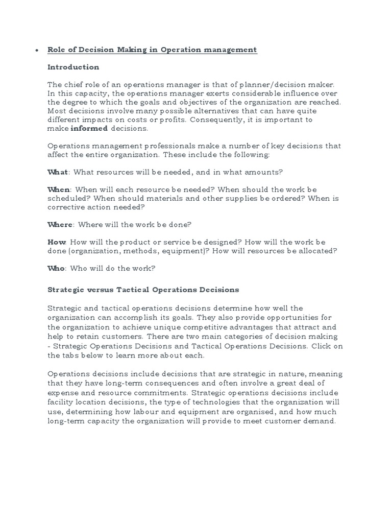 Role of Decision Making in Operation management | PDF | Decision Making ...