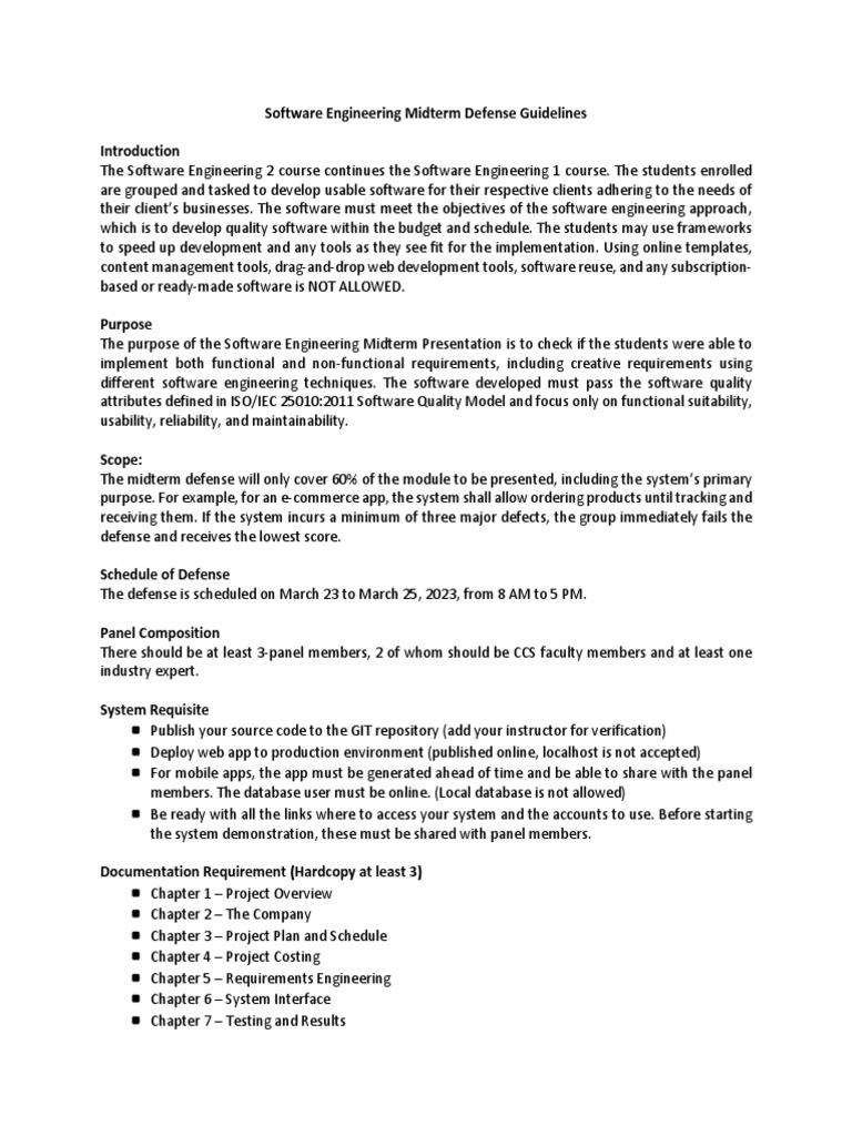 Software Engineering Midterm Defense Guidelines | PDF | Software Quality | Software