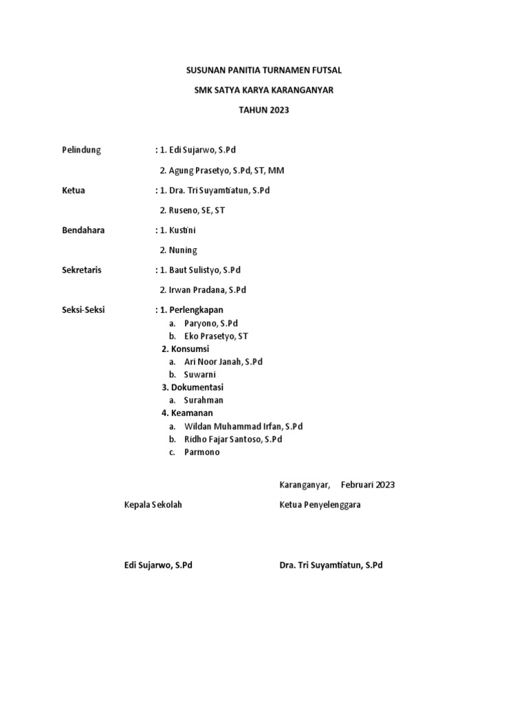 Susunan Panitia Turnamen Futsal 2023 | PDF