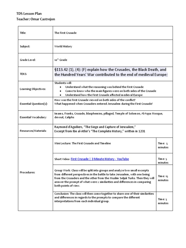Tds Lesson Plan | PDF | Crusades | Middle Ages