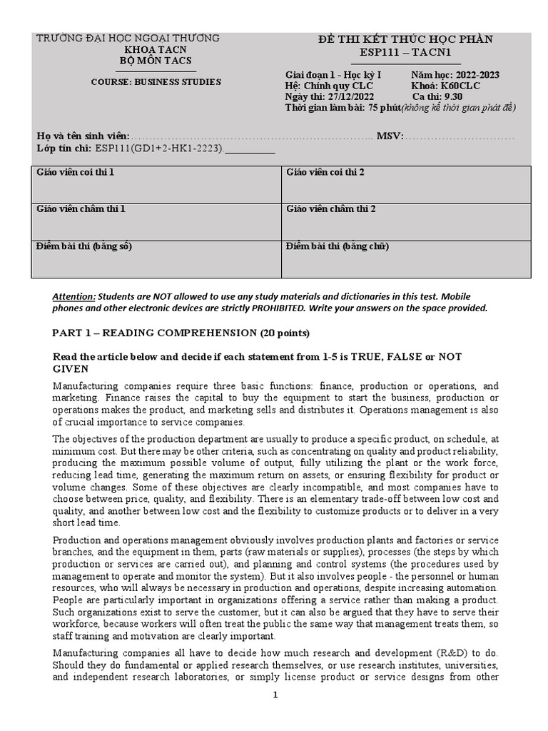 Đề thi CK ESP111 TACN1 SAMPLE | PDF | Operations Management | Business Process