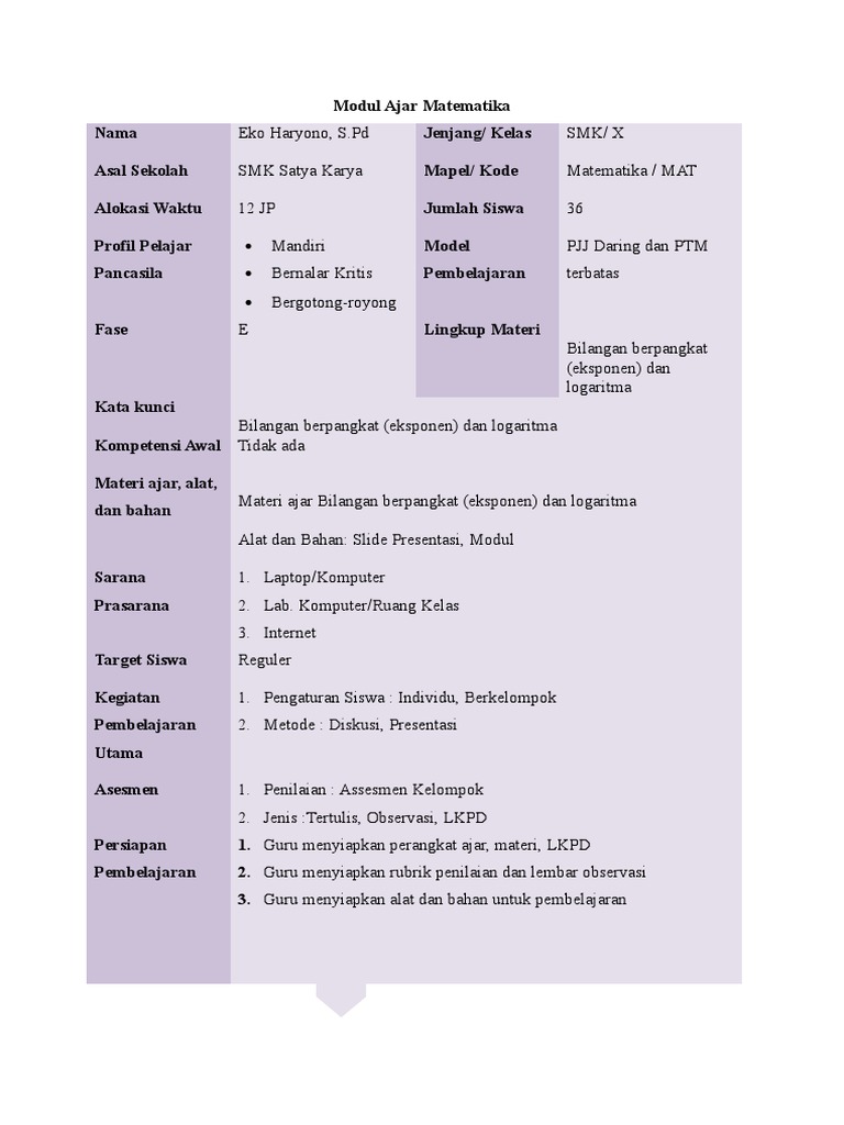 Modul Ajar Matematika Kelas X | PDF | Karier & Perkembangan