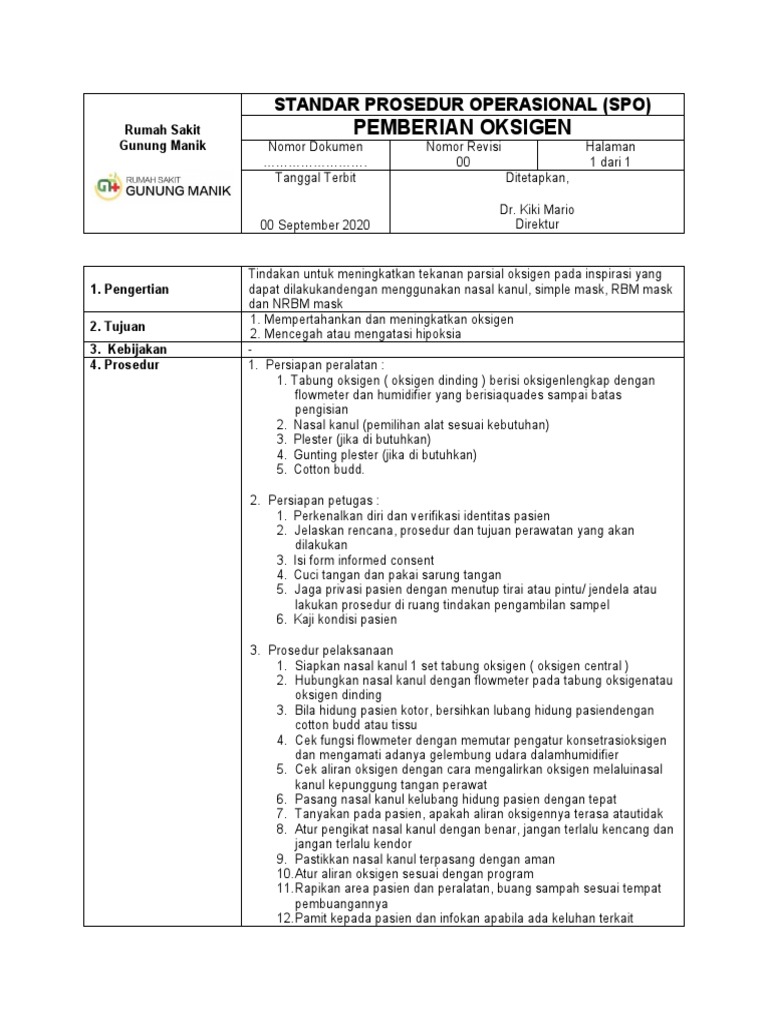 SPO PEMBERIAN OKSIGEN | PDF