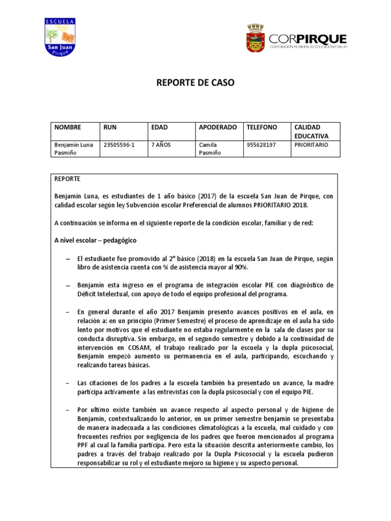 Reporte de Caso Benjamin Luna | PDF | Salón de clases