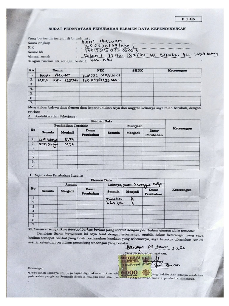 1.6 Permohonan Perubahan KK Baru | PDF