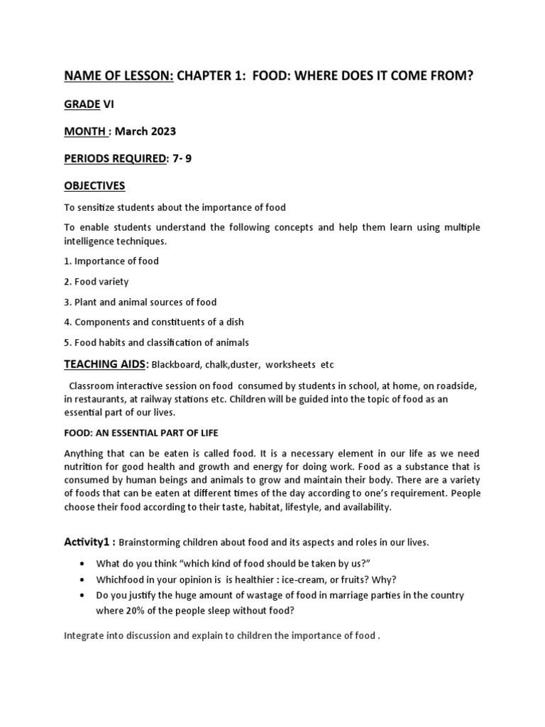 Food Sources and Importance for Class 6 | PDF | Foods | Meal