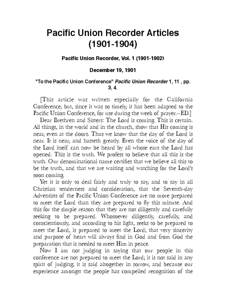 Pacific Union Recorder Articles (1901-1904) | PDF