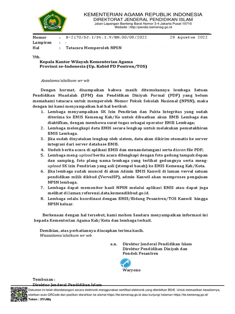 Surat Tatacara Memperoleh NPSN | PDF