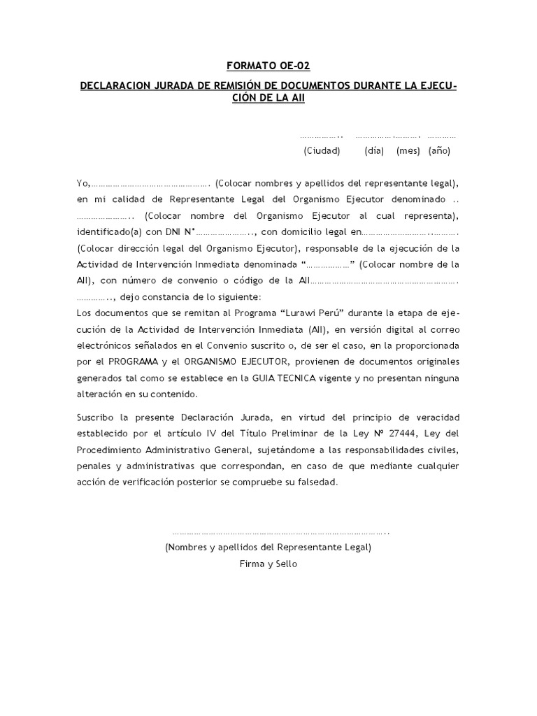 Formato OE-02 (DJ DE AUTENTICIDAD DE DOCUMENTOS REMITIDOS DURANTE LA EJECUCIÓN) | PDF
