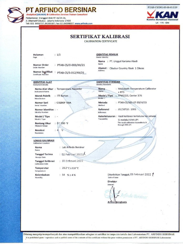 Sertifikat Kalibrasi S 061 TR 200 F 14 | PDF
