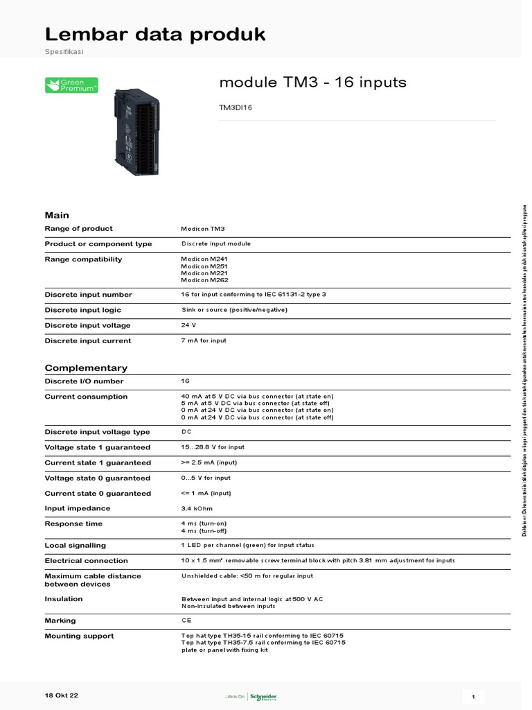 Modicon TM3 - TM3DI16 | PDF | Electrical Connector | Hertz