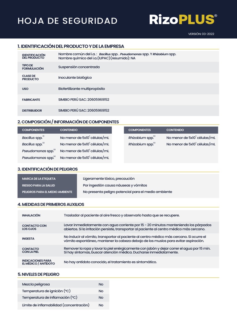 Hoja de Seguridad RizoPLUS | PDF | Toxicidad | Residuos