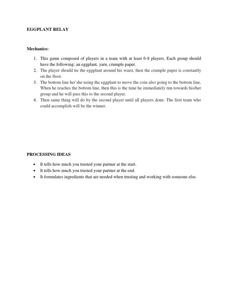 Eggplant Relay Game Mechanics | PDF | Sports & Recreation | Home & Garden