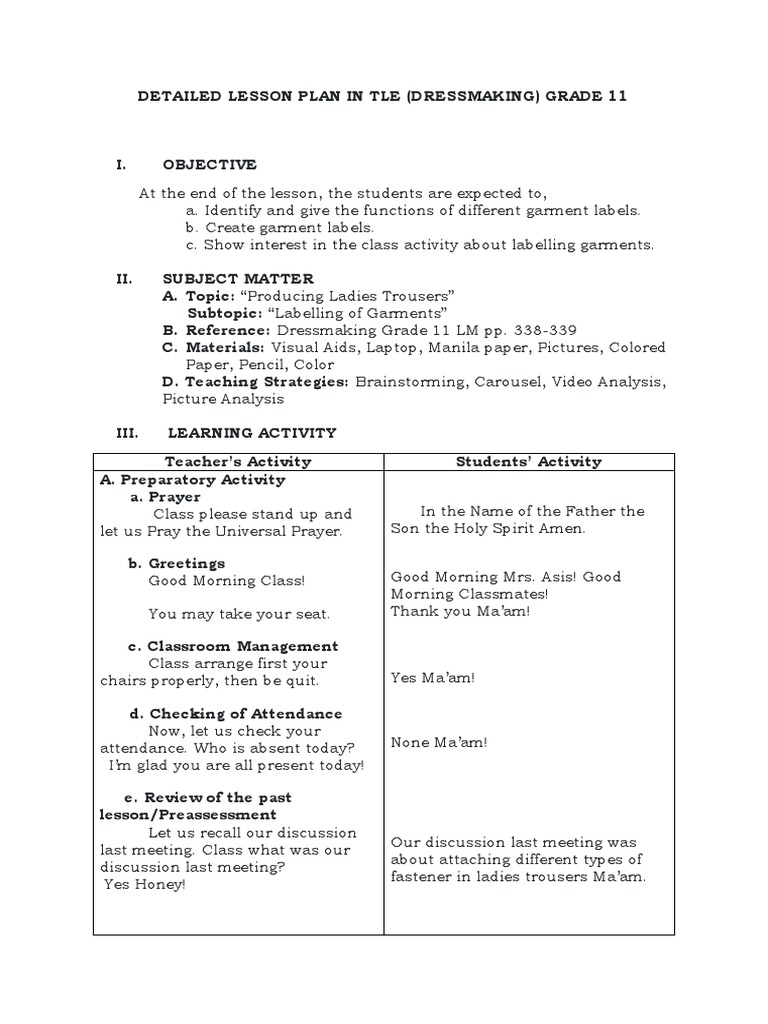 Garment Labeling in TLE Dressmaking | PDF | Lesson Plan | Clothing