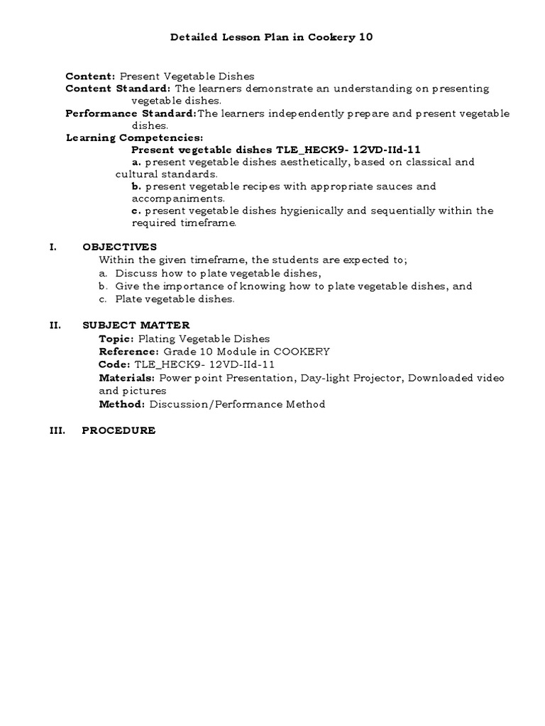Detailed Lesson Plan in Cookery 10 | Download Free PDF | Lesson Plan ...