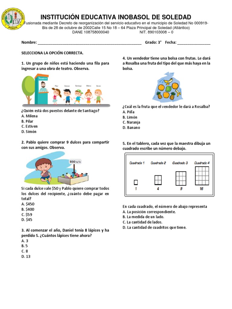 Simulacro Matemáticas Grado 3 | PDF