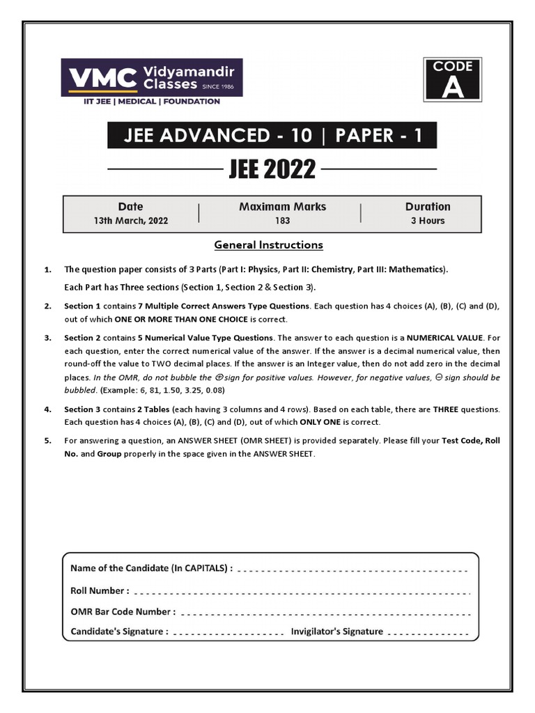 2022 Jee Advanced 10 Paper 1 | PDF