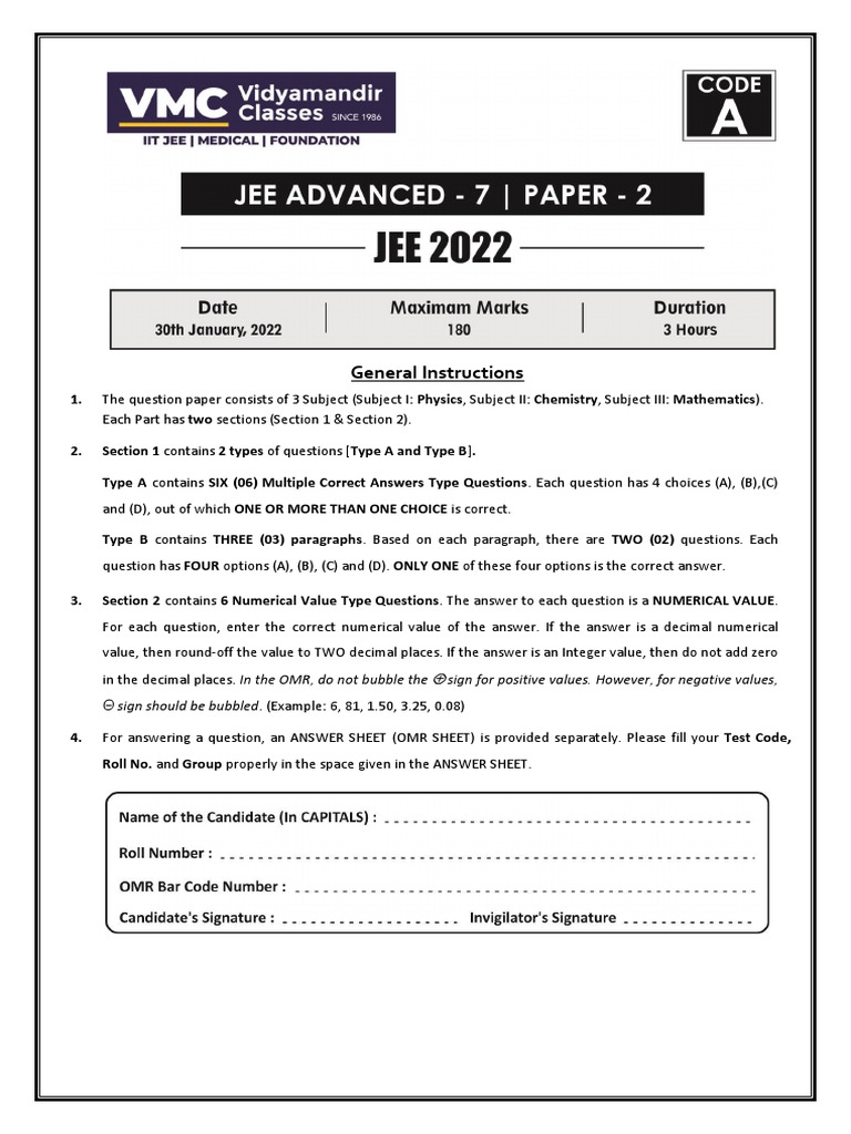 JEE 2022 Physics Exam Paper Instructions | PDF | Photoelectric Effect ...