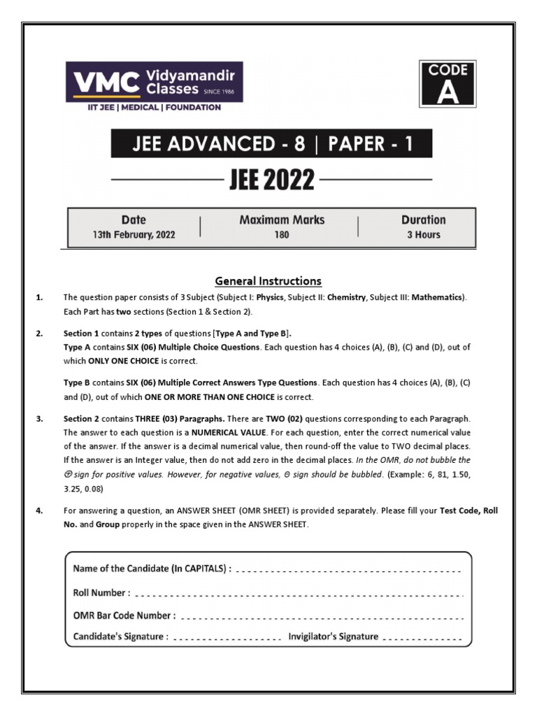 2022 Jee Advanced 8 Paper 1 | PDF