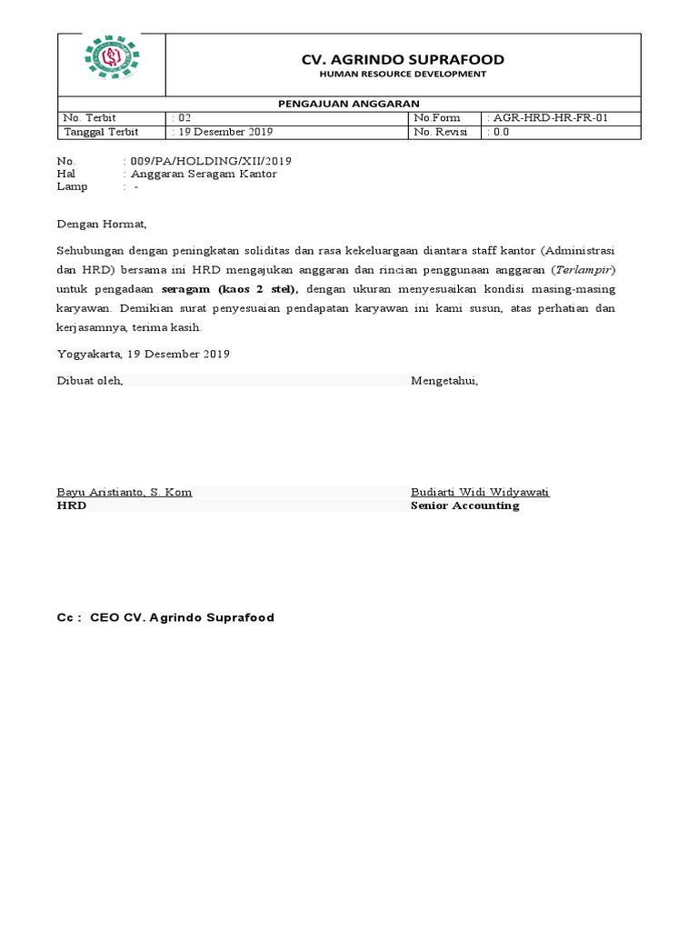 Surat Pengajuan Anggaran Seragam Office | PDF