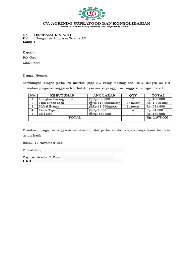 Pengajuan Anggaran Service Ac Ruang HR Dan Meeting | PDF