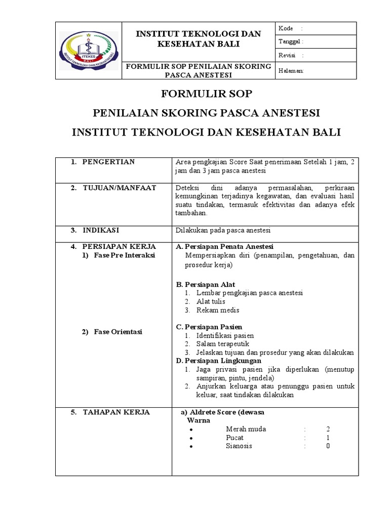 SOP Penilaian Skoring Pasca Anestesi | PDF