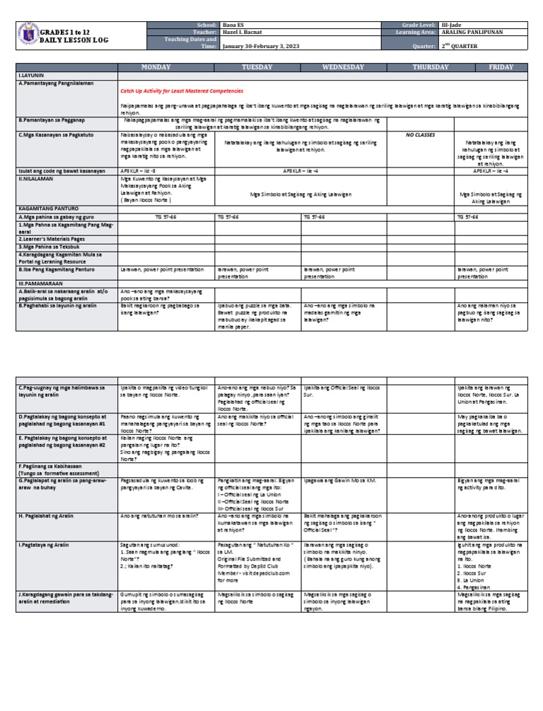DLL - ARALING PANLIPUNAN 3 - Catch Up Activity | PDF