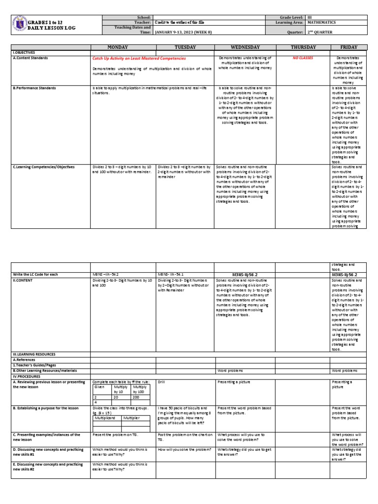 Grade 3 Math Lesson Plan: Division | PDF