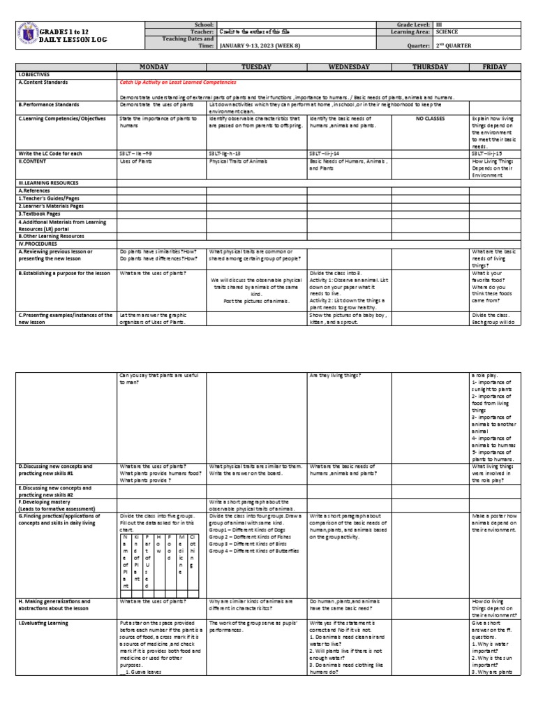 DLL - SCIENCE 3 - Q2 - Catch Up Activity | PDF