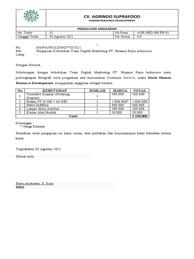 Format Surat Pengajuan Anggaran Pt. Shaama Raya Indonesia | PDF