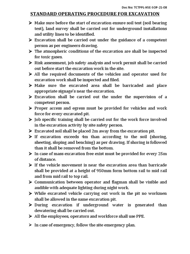 SOP For Excavation | PDF