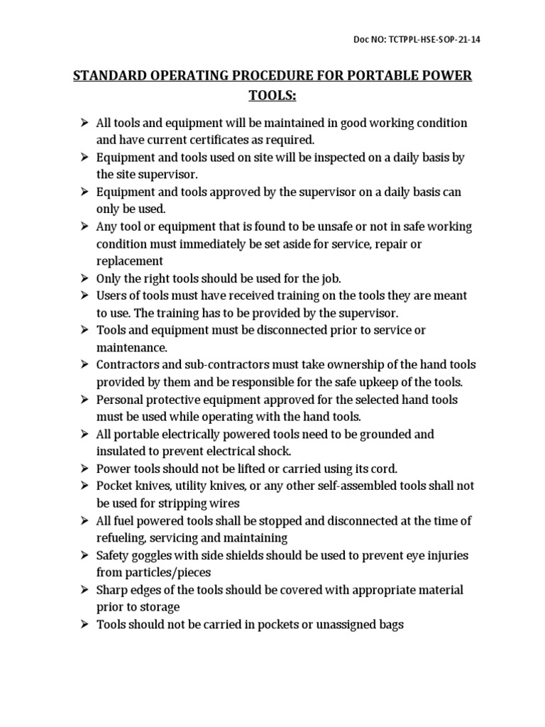 SOP For Portable Power Tools | PDF