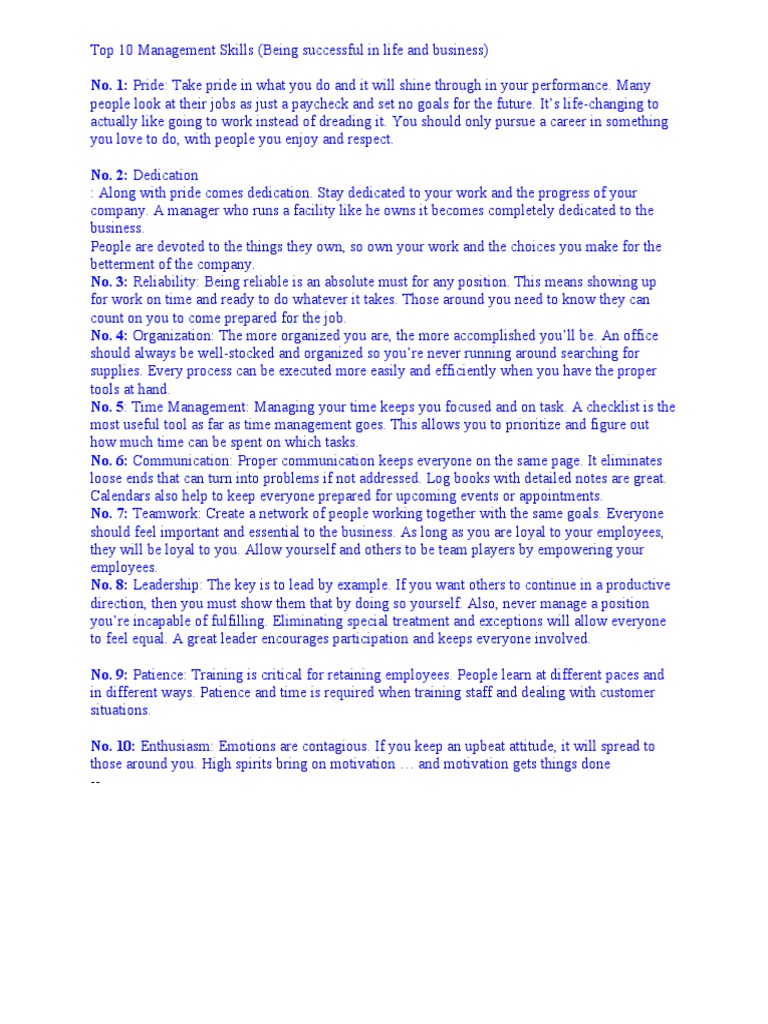 Top 10 Management Skills | PDF | Time Management | Professional Skills