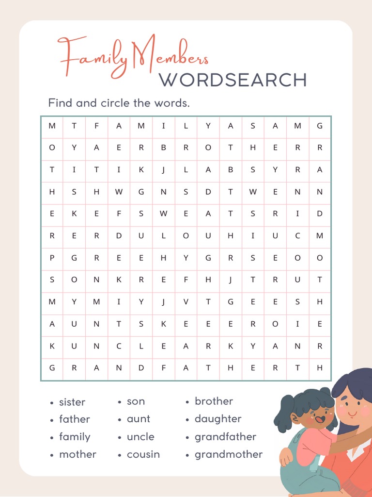 Cream Illustrative Family Members Word Search | PDF