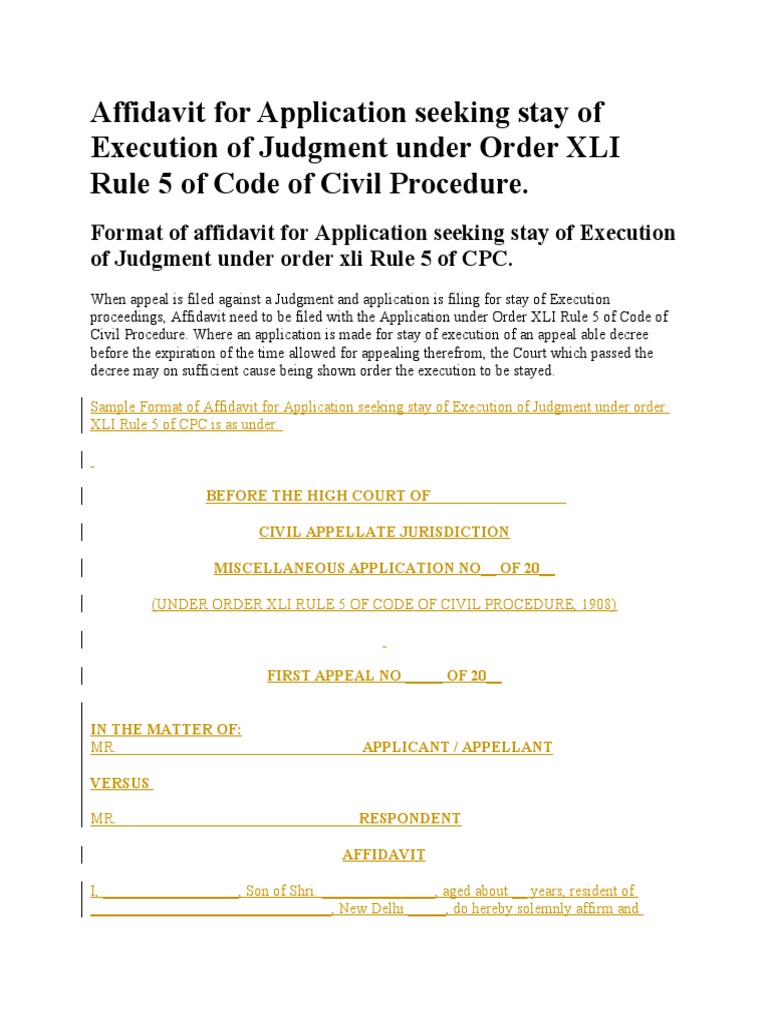 Affidavit For Application For Stay, Execution of Judgment Under Order ... Affidavit For Application For Stay, Execution of Judgment Under Order ...