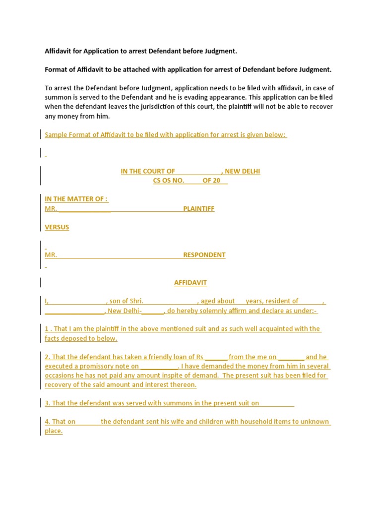 Affidavit for Application to arrest Defendant before Judgment | PDF ...