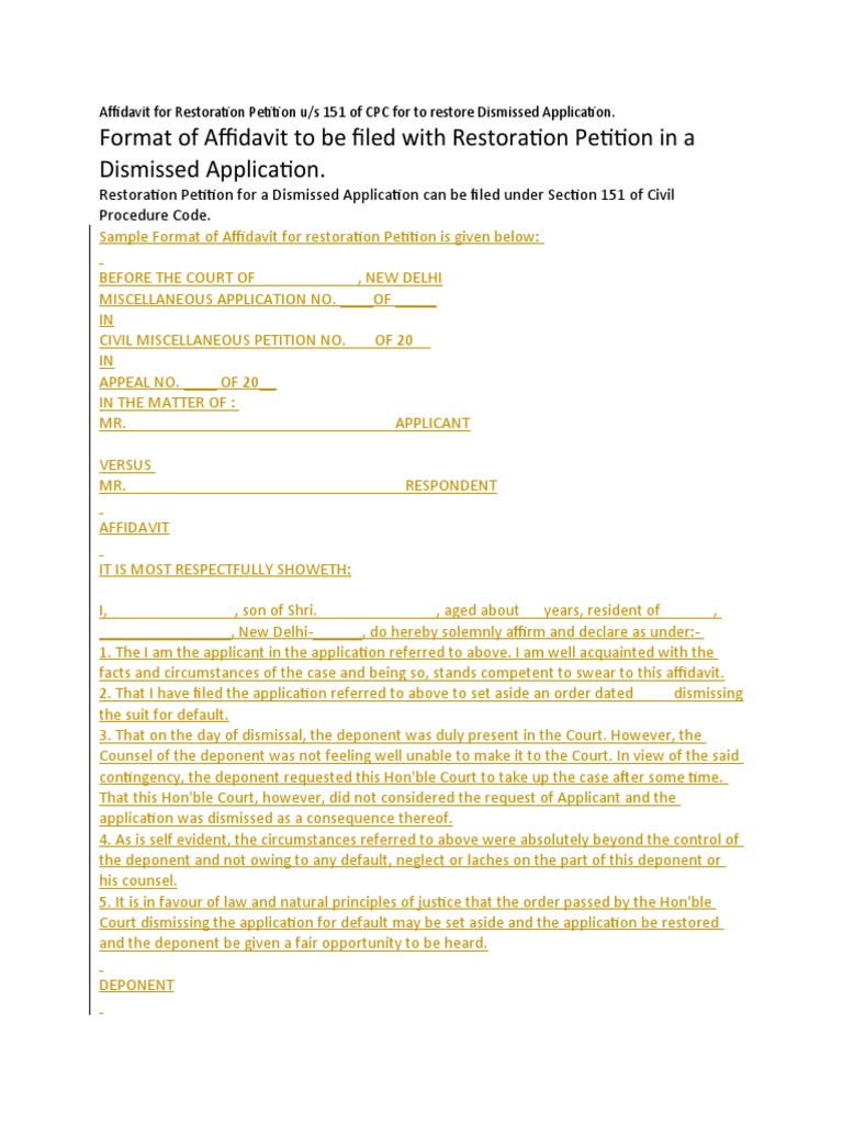 Affidavit For Restoration Petition Us 151 of CPC For To Restore ...