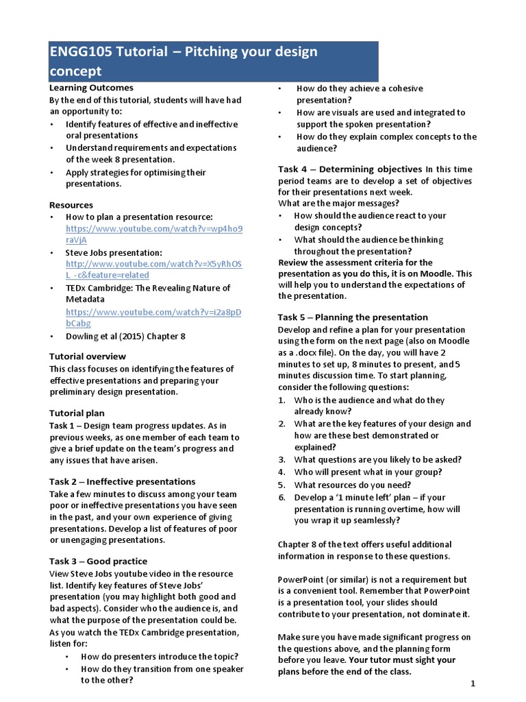 ENGG105 Tutorial wk07 Pitching your concept | PDF