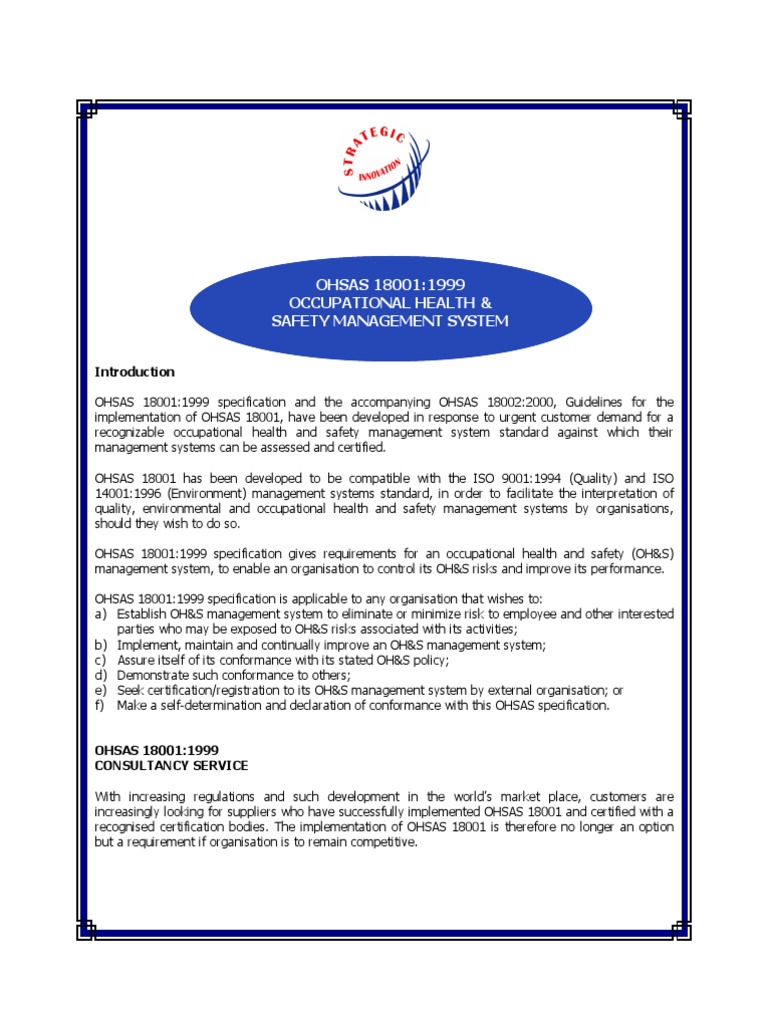 OHSAS 18001:1999 Occupational Health & Safety Management System | PDF ...