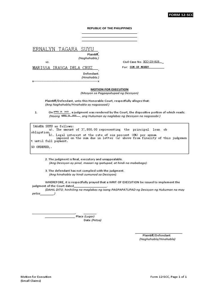 FORM 12 SCC Motion For Execution | PDF | Separation Of Powers | Legal ...