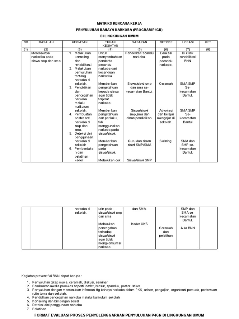 MATRIKS RENCANA KERJA P4GN BNN | PDF
