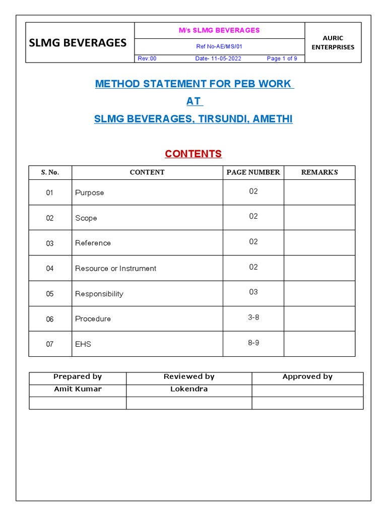 PEB Erection Method Statement for SLMG | PDF | Business | Computers