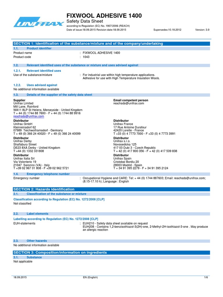 Unifrax SDS FIXWOOL ADHESIVE 1400 V3.00 (GB-en) 150826 | PDF ...