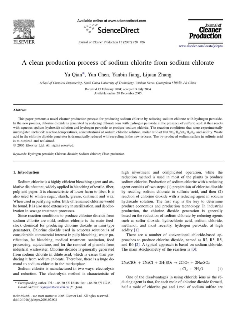 A Clean Production Process of Sodium Chlorite From Sodium Chlorate ...