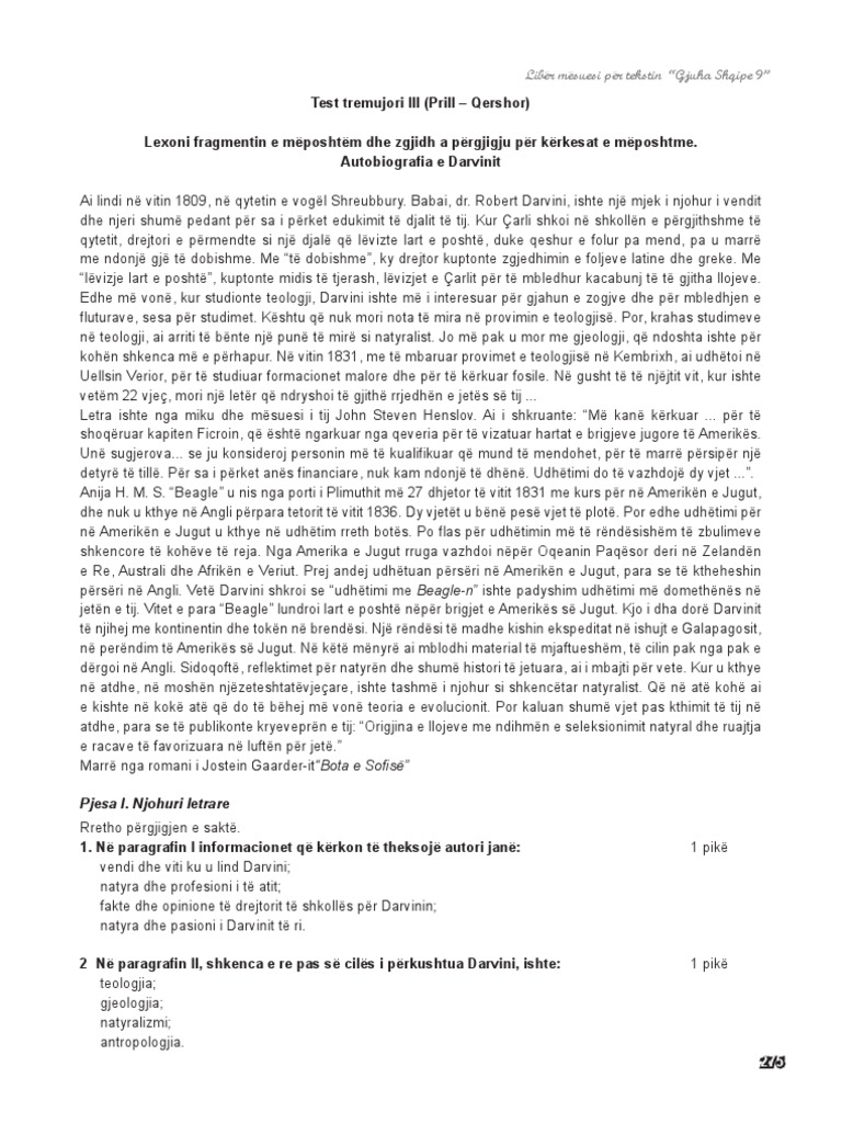 Test Gjuhe Tremujori I 3 | PDF