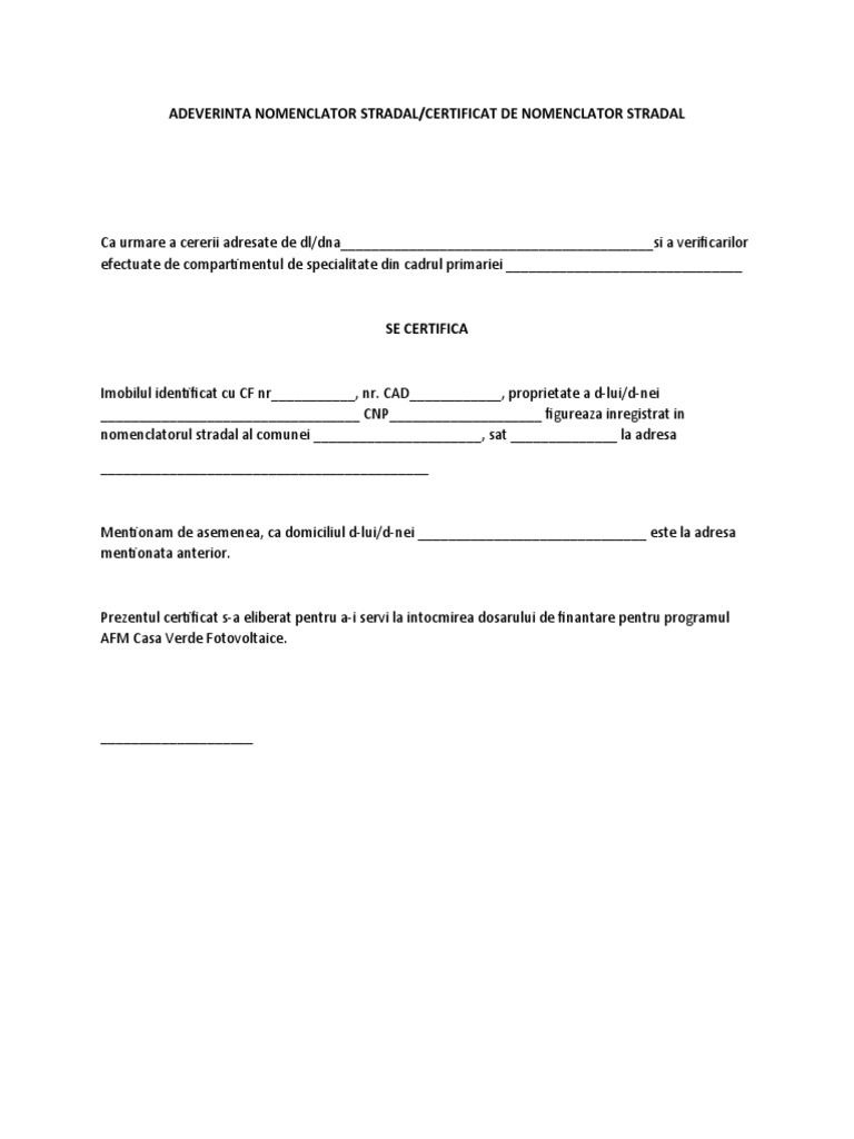 MODEL Adeverinta Nomenclator Stradal PRIMARIE | PDF