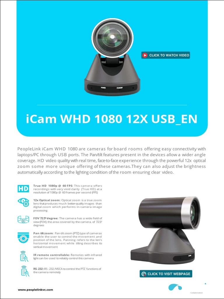 PeopleLink iCam WHD 1080 12X USB Camera | PDF | Camera | Zoom Lens