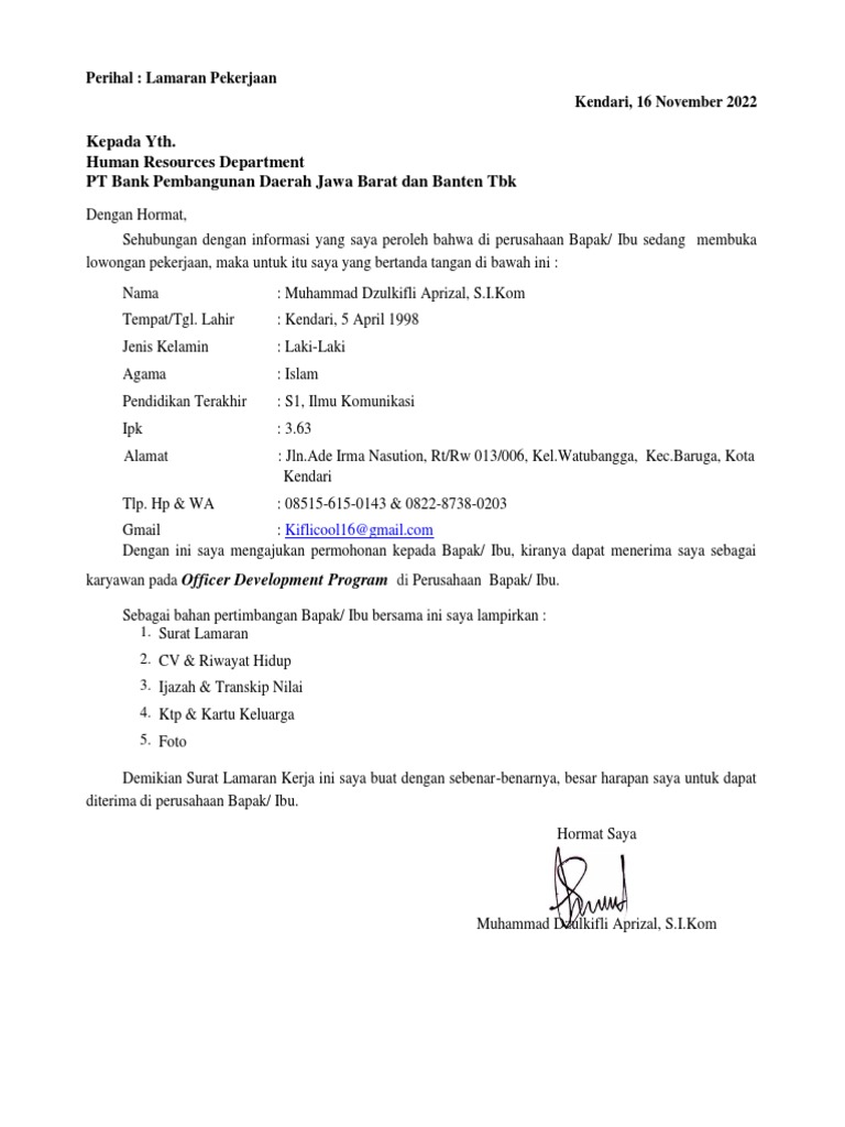 Surat Lamaran Kerja Bank BJB | PDF